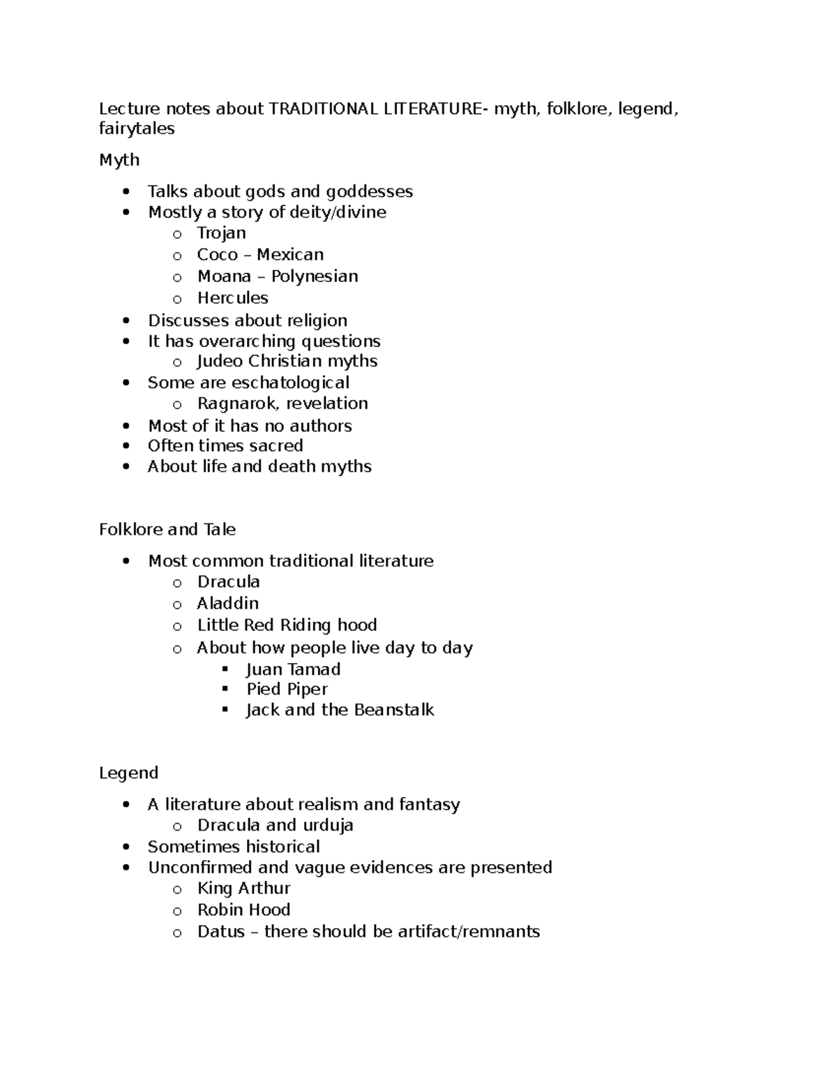 Lecture notes about Traditional Literature - myth, folklore, legend ...