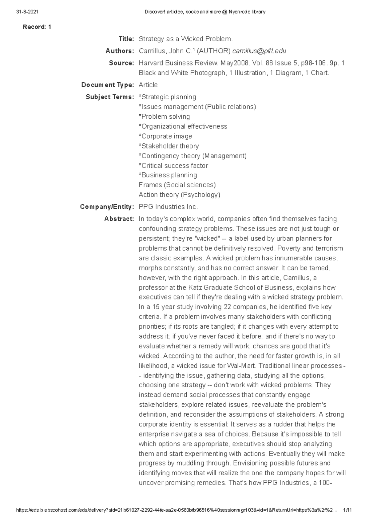 Strategy as a wicked problem camillus - Title: Authors: Source ...