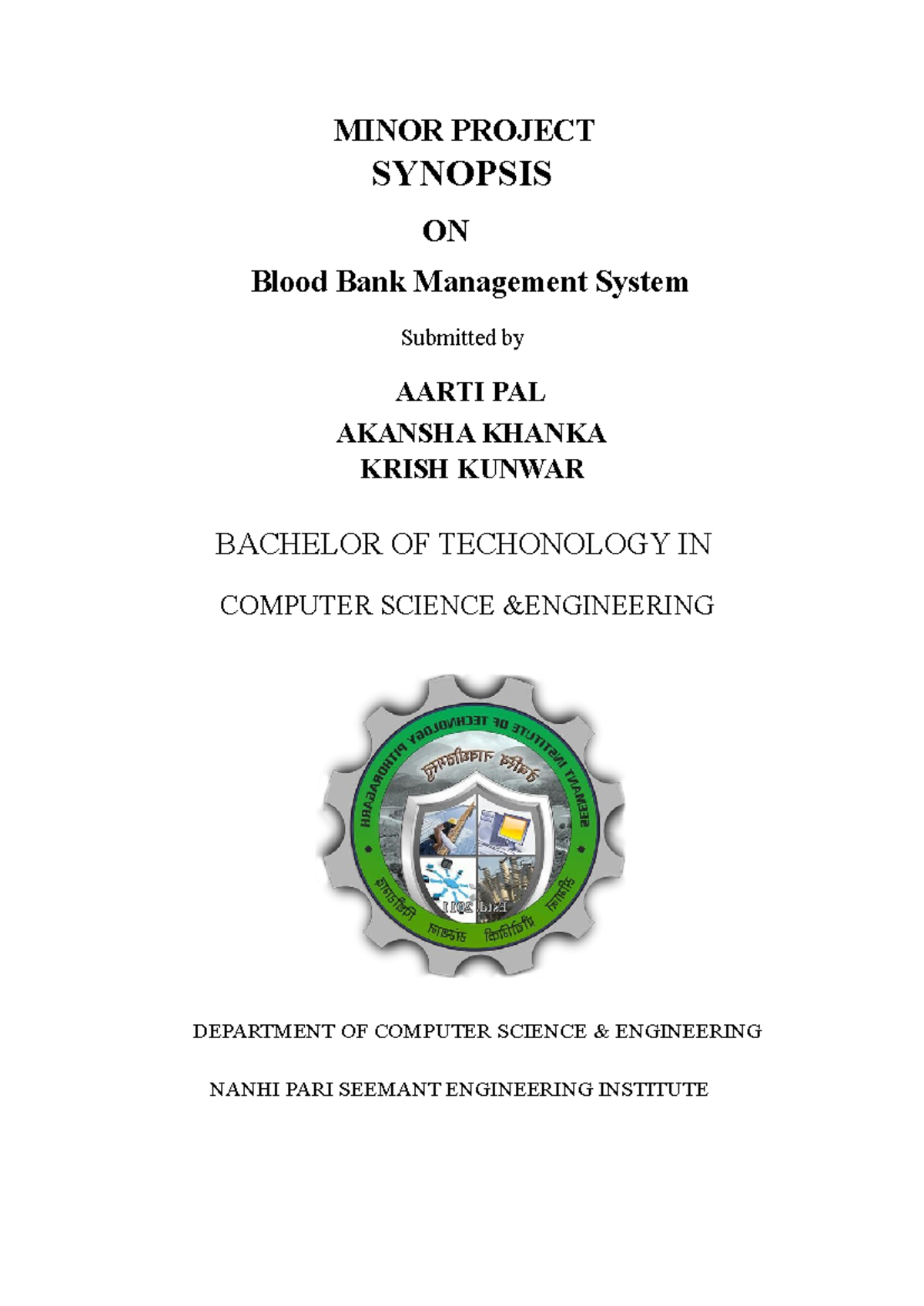 Synopsis - Btech - MINOR PROJECT SYNOPSIS ON Blood Bank Management ...