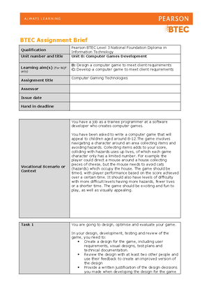 Unit 8-Learning Aim A Computer Games Development - BTEC Assignment Brief Qualification Pearson ...