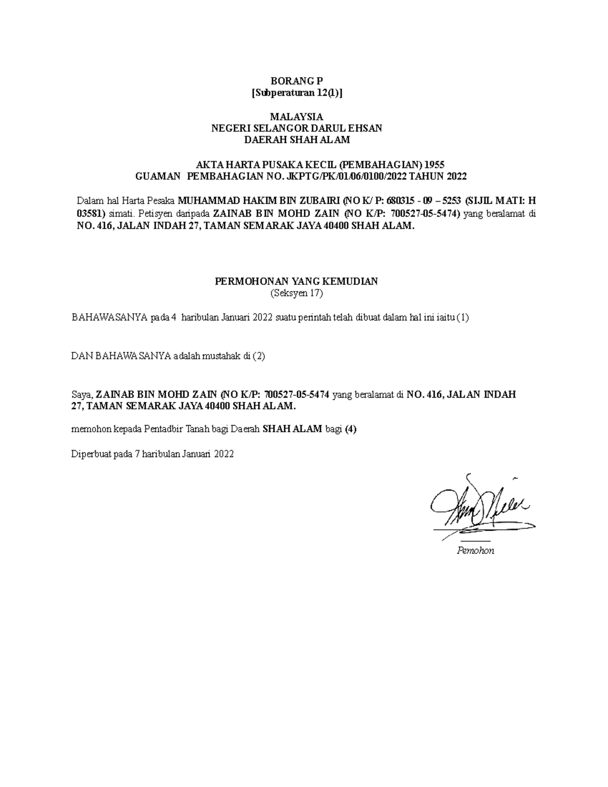 Borang P of SEDA IN MALAYSIA REGARDING PROBATE IN MALAYSIA - BORANG P ...