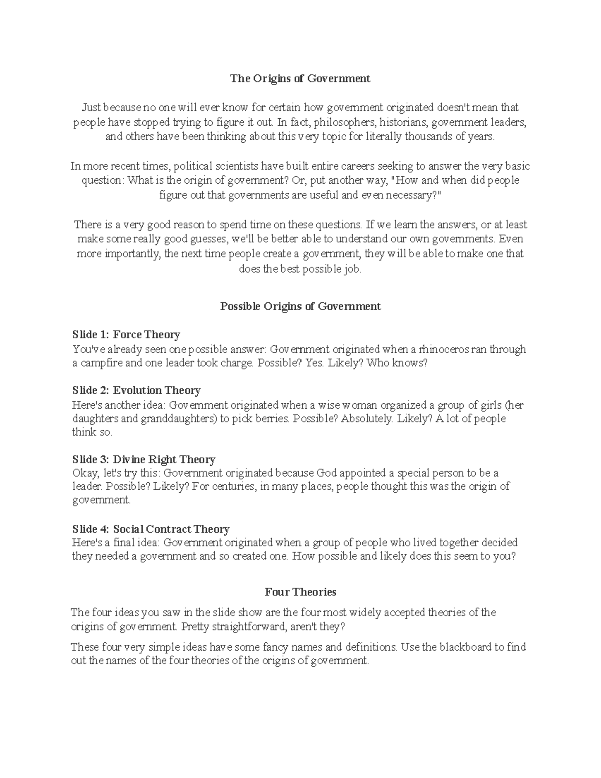 Note 3 - unit 1 - The Origins of Government Just because no one will ...