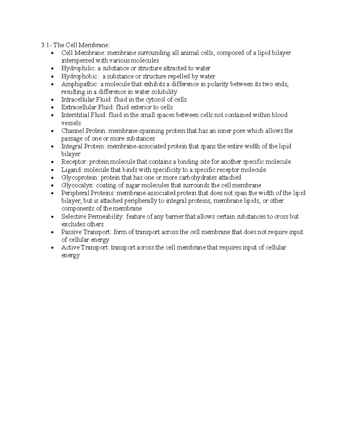 3 - Textbook Notes - 3- The Cell Membrane: • Cell Membrane: membrane ...
