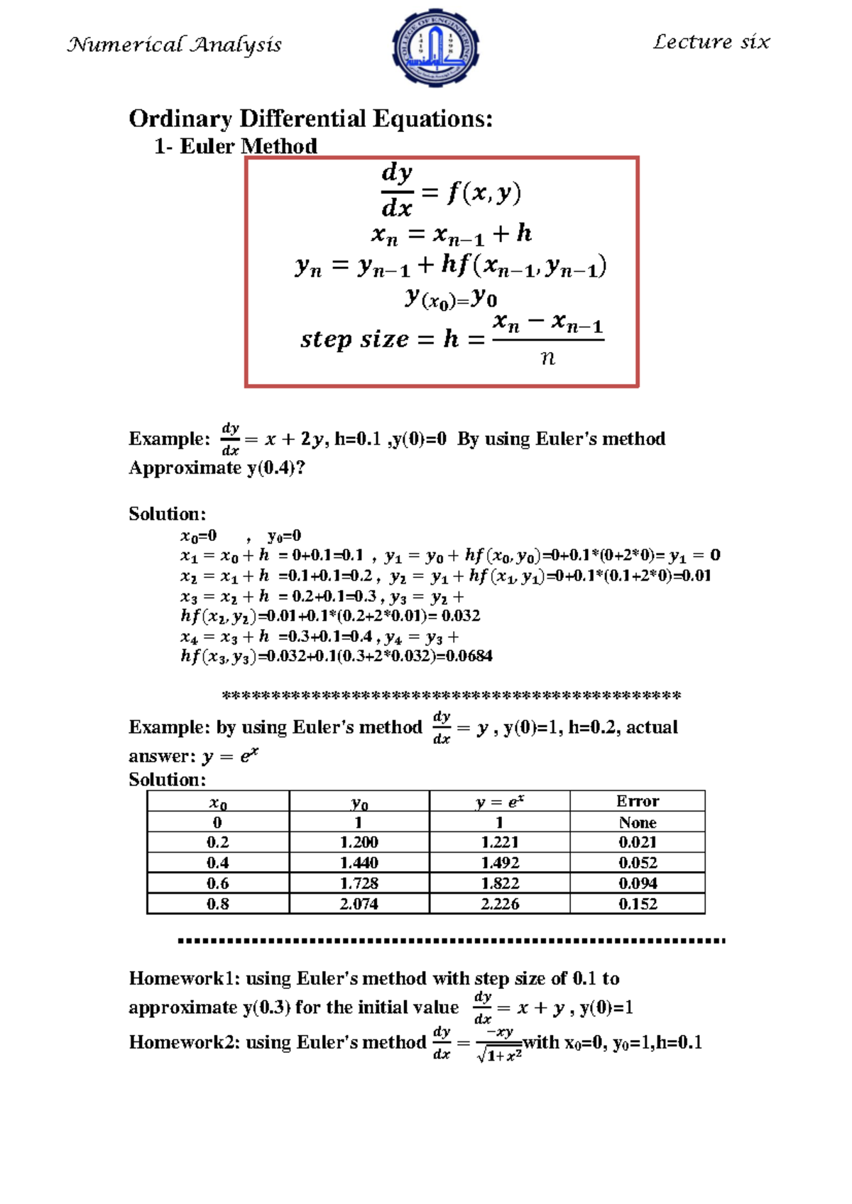 6 - done - Ordinary Differential Equations: 1- Euler Method 𝒅𝒚 𝒅𝒙 = 𝒇(𝒙, 𝒚) 𝒙𝒏 = 𝒙𝒏−𝟏 + 𝒉 𝒚𝒏 ...
