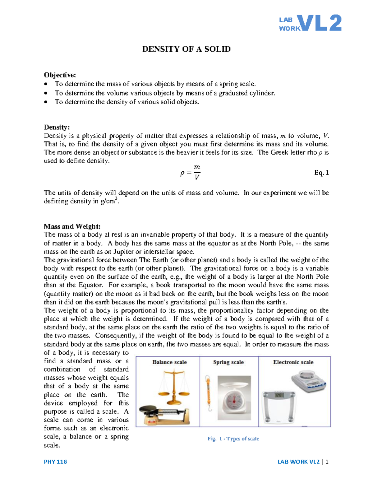 PHY116Spring 2021VL02Density - PHY 116 LAB WORK VL2 | 1 LAB WORK VL ...