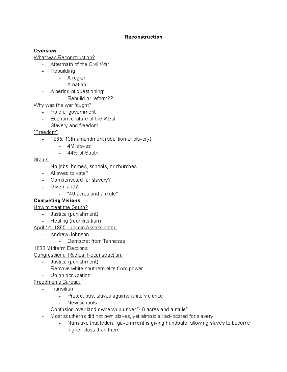Reconstruction - HIST2301 - Reconstruction Overview What was ...