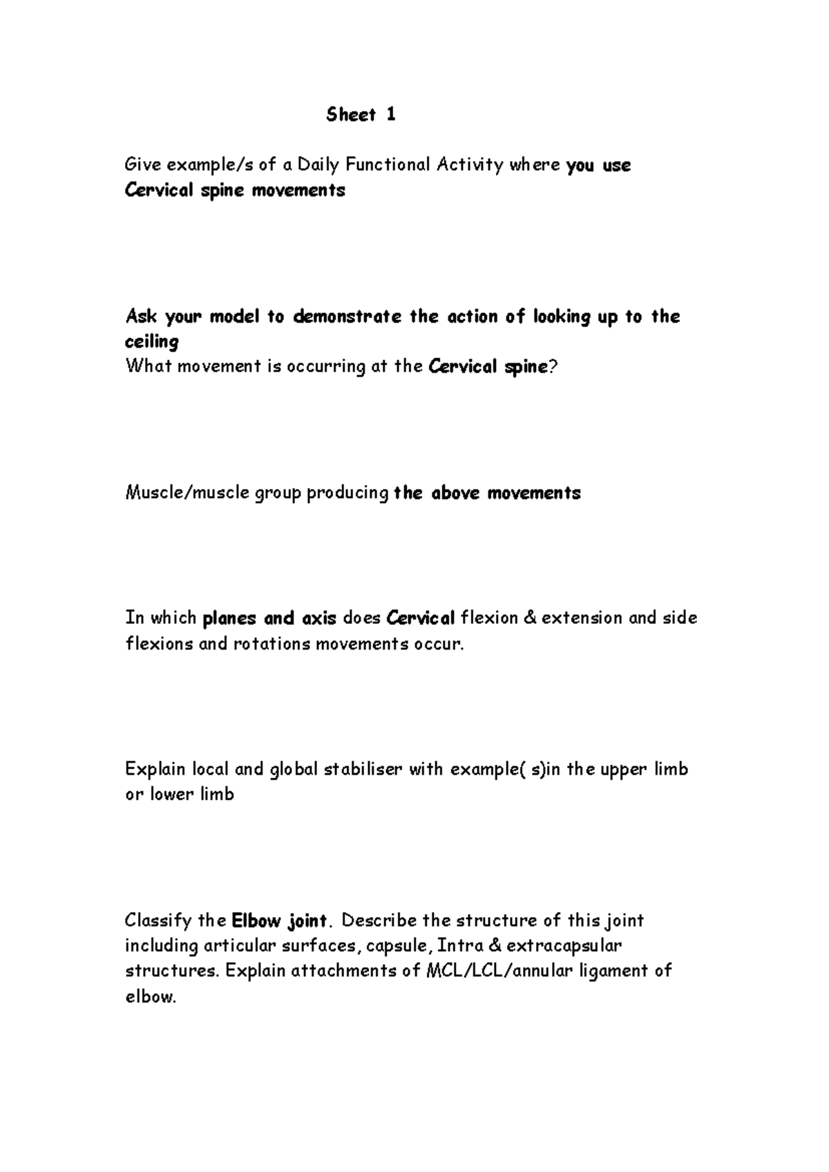 2023-24 Upper limb Prac revision sheets copy - Sheet 1 Give example/s of a Daily Functional ...