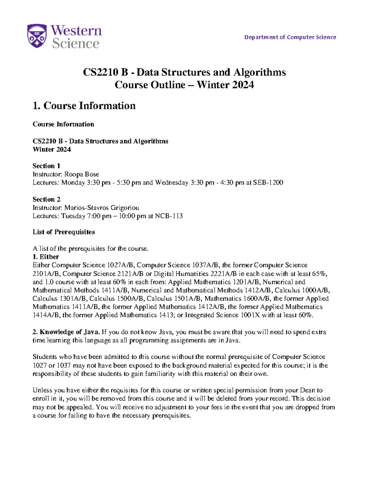 Course Outline CS2210B- Summer 2024 - Professor Marios-Stavros Grigoriou - Department of ...