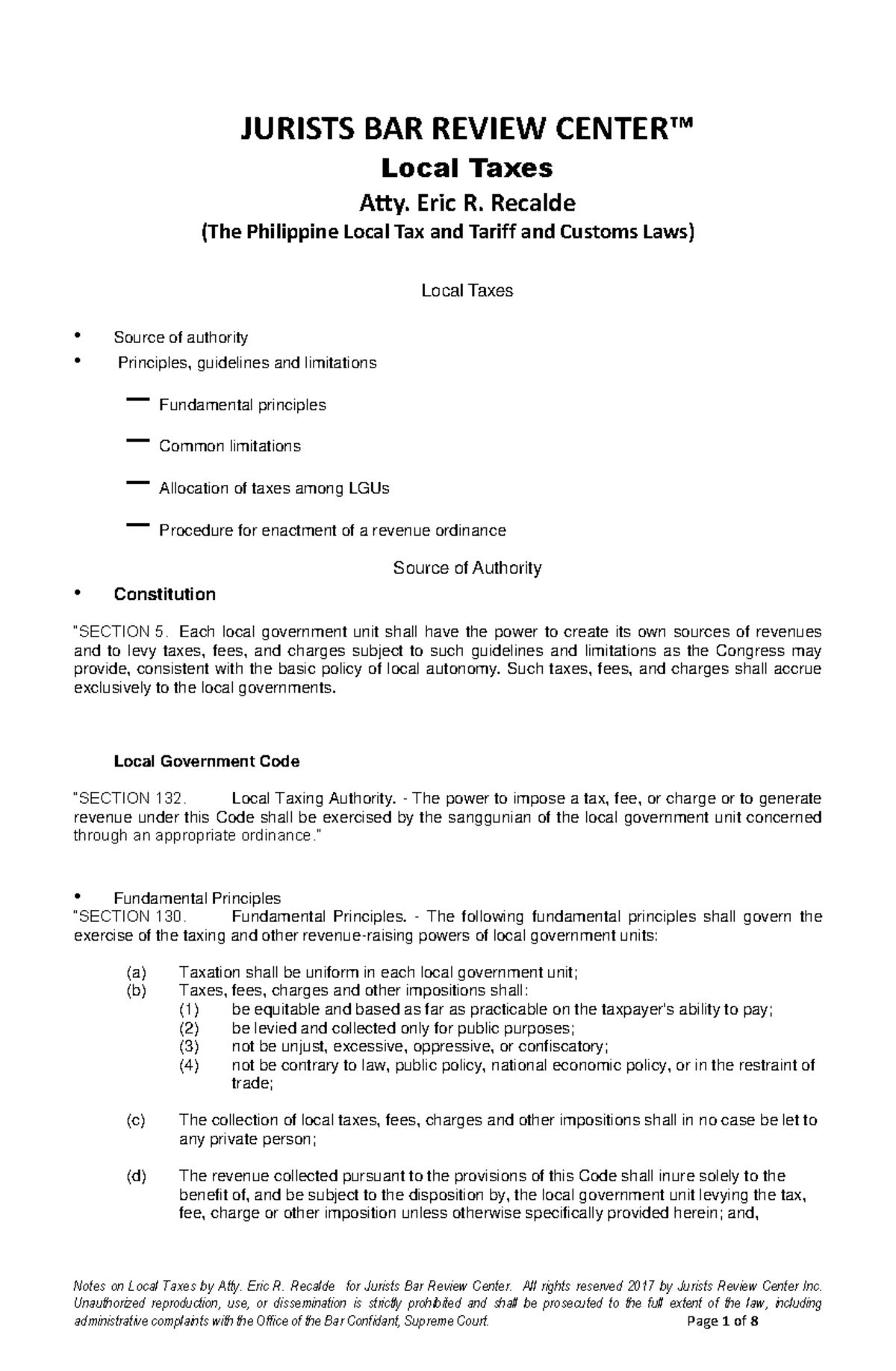 Notes on Local Taxes by Atty. Recalde - Notes on Local Taxes by Atty ...