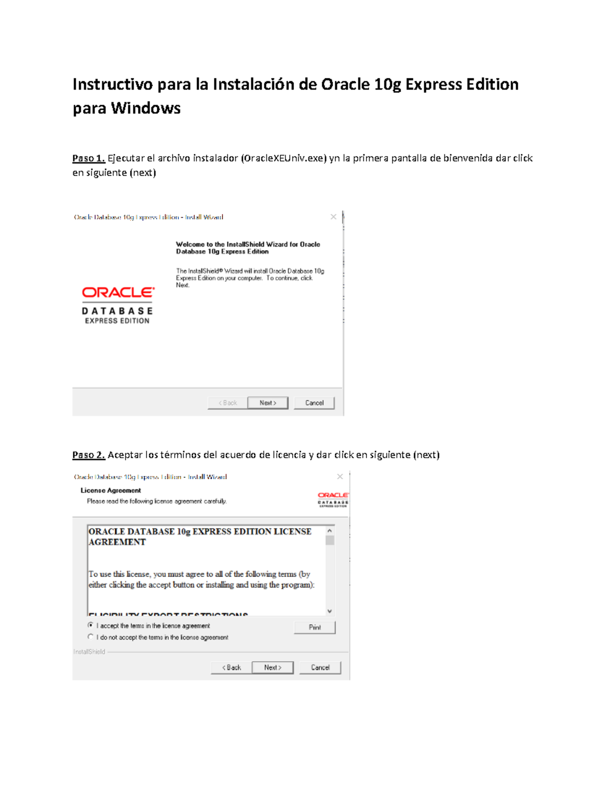 Instructivo para la Instalación de Oracle 10g Express Edition para ...