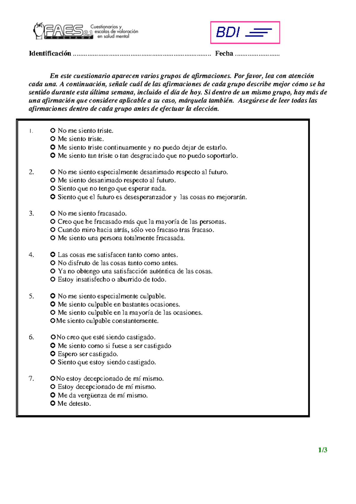 Inventario de Depresión de Beck (BDI) - 1/ BDI Identificación - Studocu