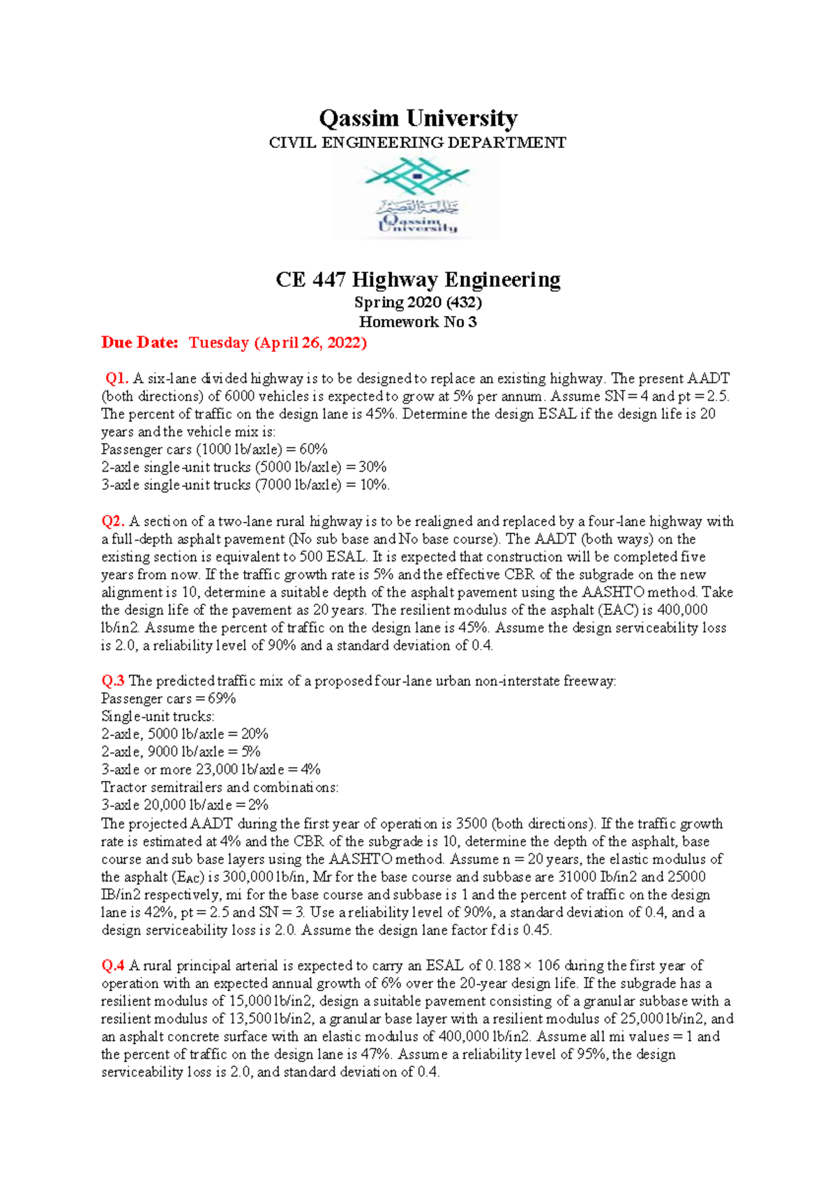 Pavement design Homework #3 - Qassim University CIVIL ENGINEERING ...