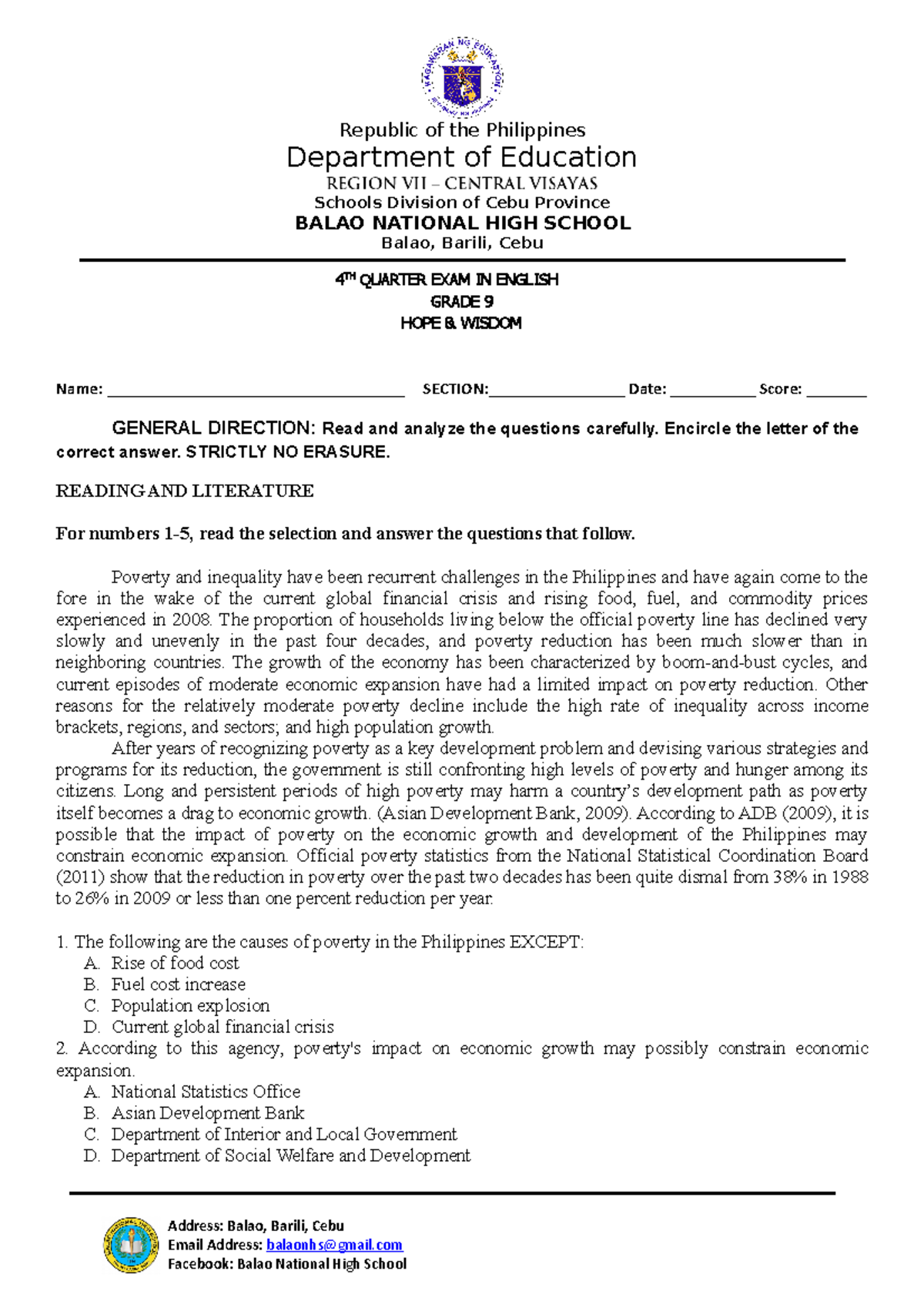 English 9 4TH - Periodical exam - Republic of the Philippines ...