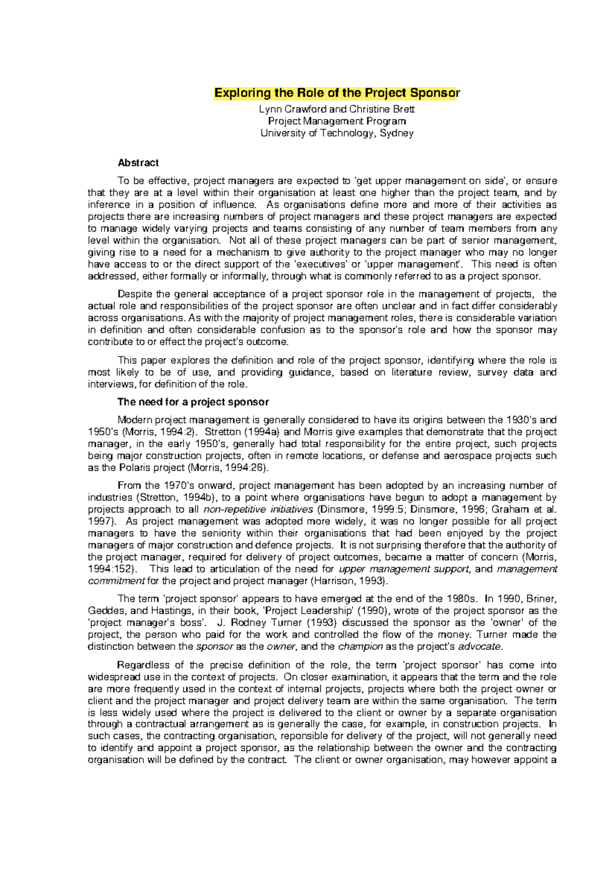 Exploring the Role of the Project Sponsor - As organisations define ...