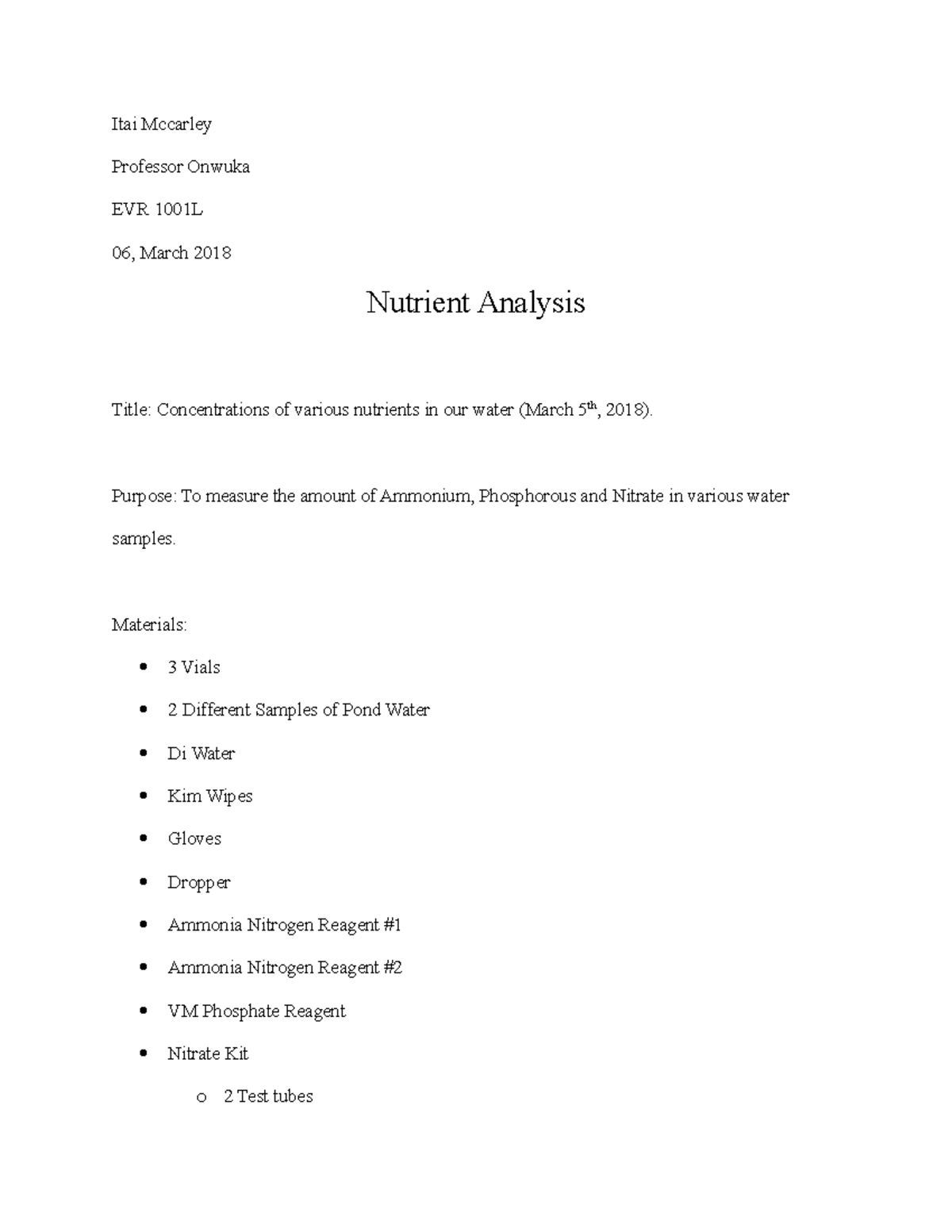Nutrient Analysis Lab Report - Itai Mccarley Professor Onwuka EVR 1001L ...