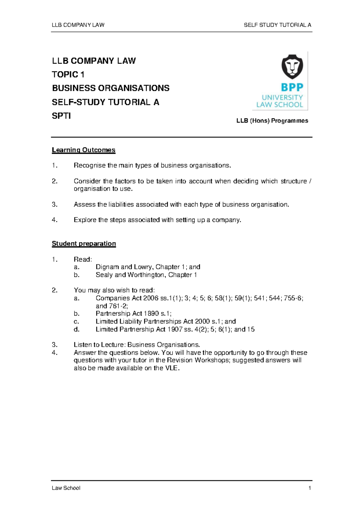 Company Topic 1 Tutorial A Business Organisations SPTI - LLB COMPANY ...