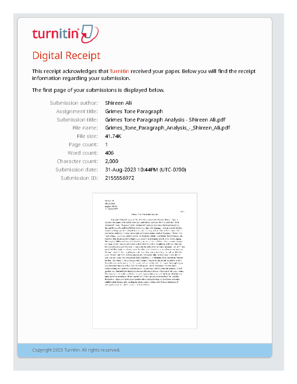 Receipt Grimes Tone Paragraph Analysis - Shireen Ali - Submission ...