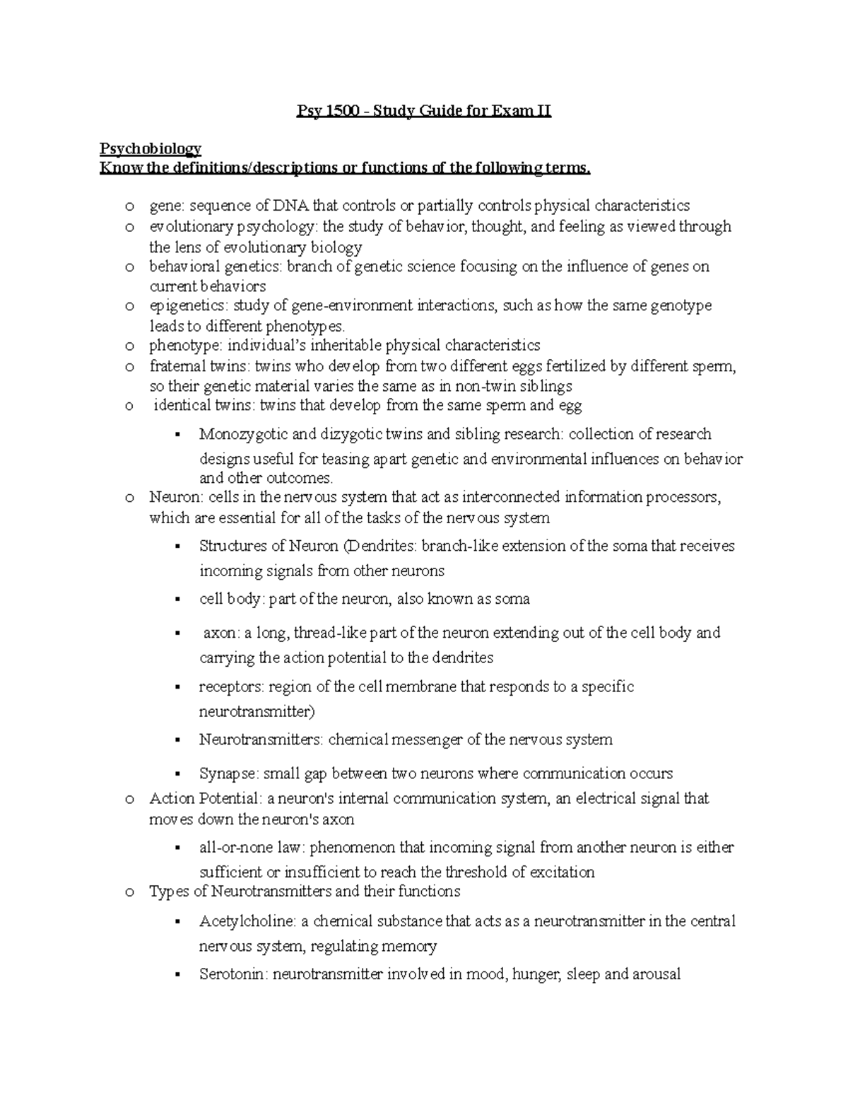 Study Guide for Exam II - Psy 1500 - Study Guide for Exam II ...