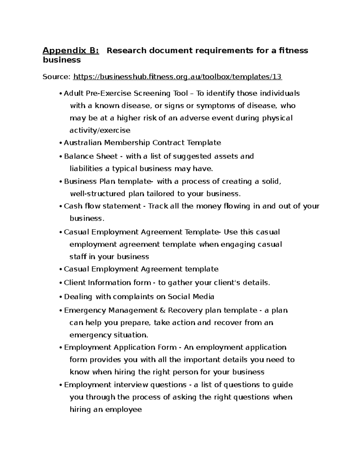 Appendix B - Research docus requirements for fitness businesses ...