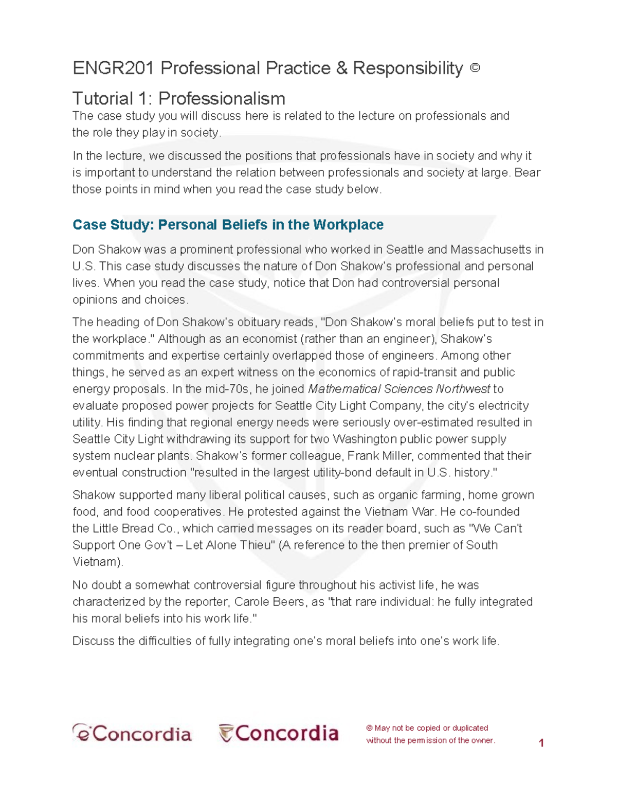 ENGR201 ( Tutorial 111 Digital) - ENGR201 Professional Practice & Responsibility © Tutorial 1 ...
