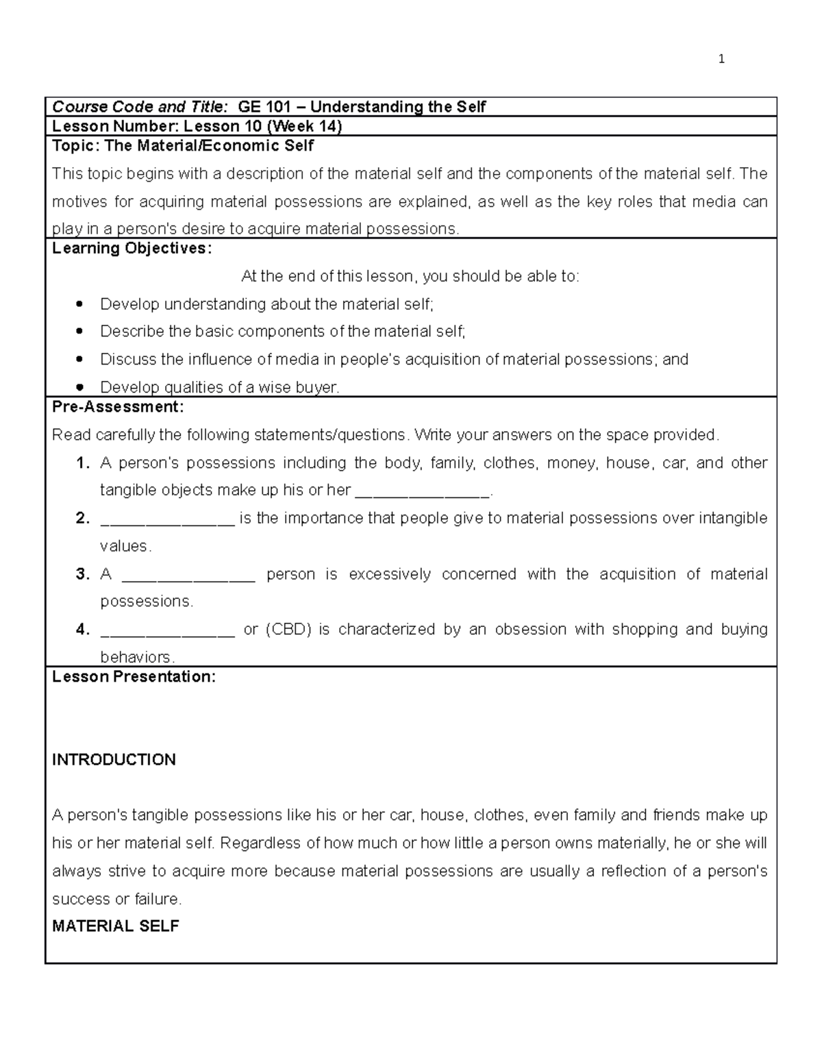 M10-UTS Material-Self - Course Code and Title: GE 101 – Understanding ...