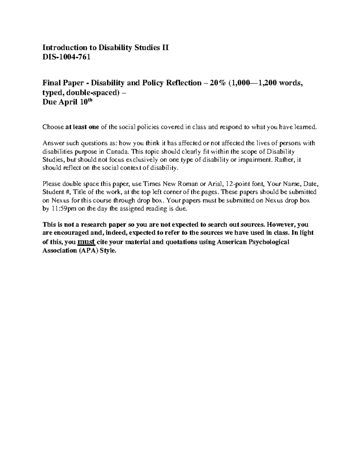 Introduction to Disability Studies II Final Paper 1 - Introduction to ...