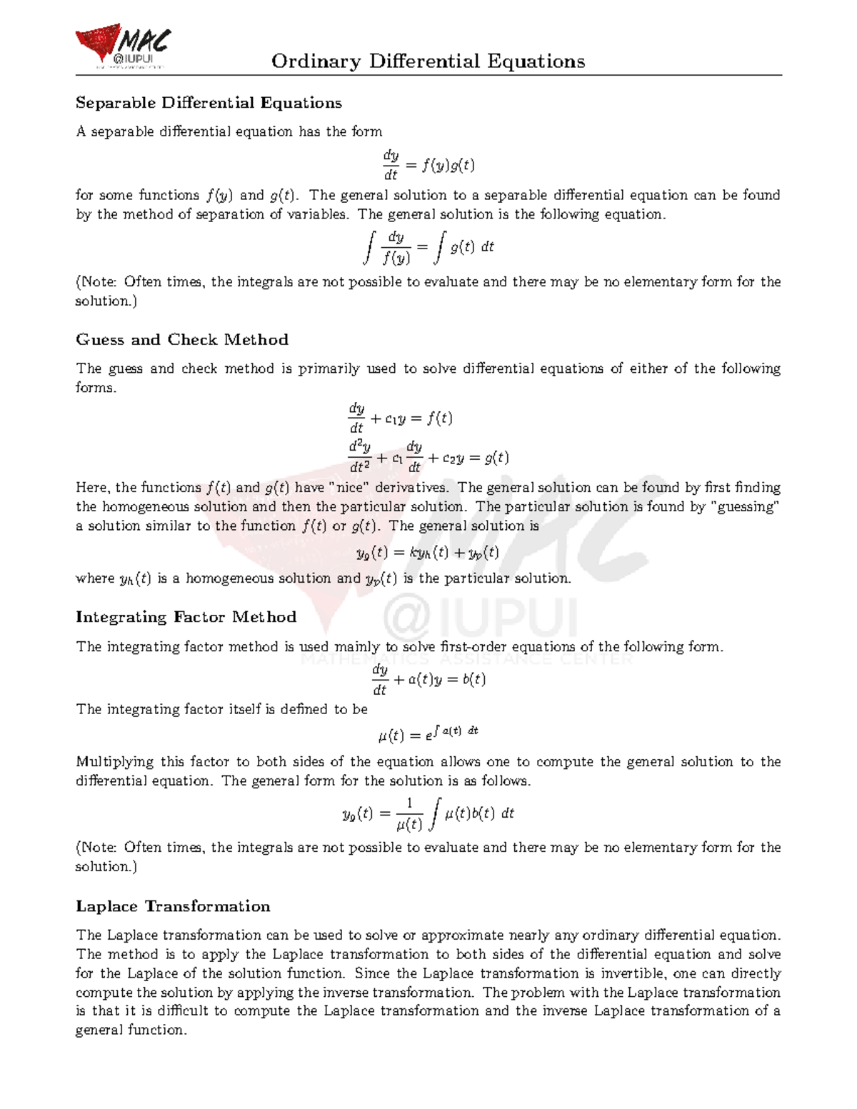 266 Odes Summarized Lecture Notes For Math 26600 Iupui All Professors Ordinary Differential