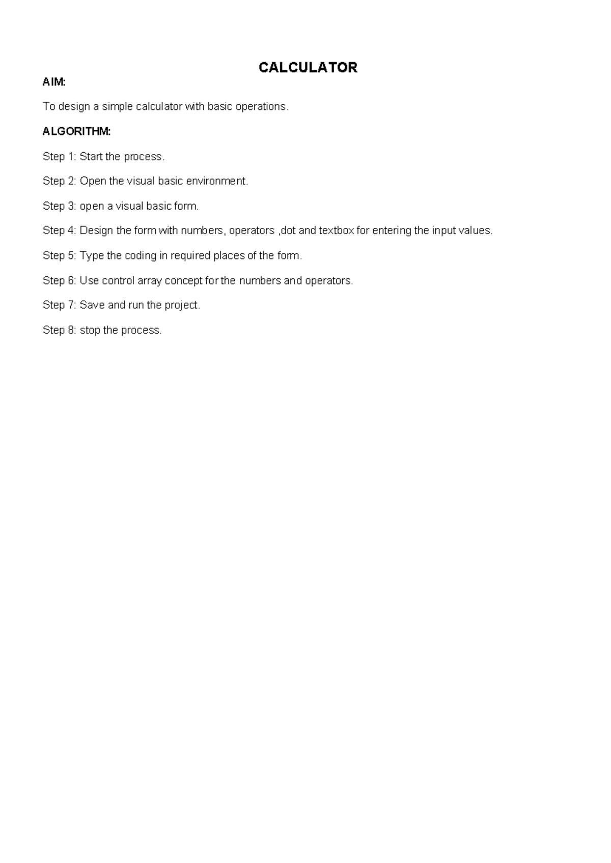 VB Record - vb lab programmes - CALCULATOR AIM: To design a simple calculator with basic ...