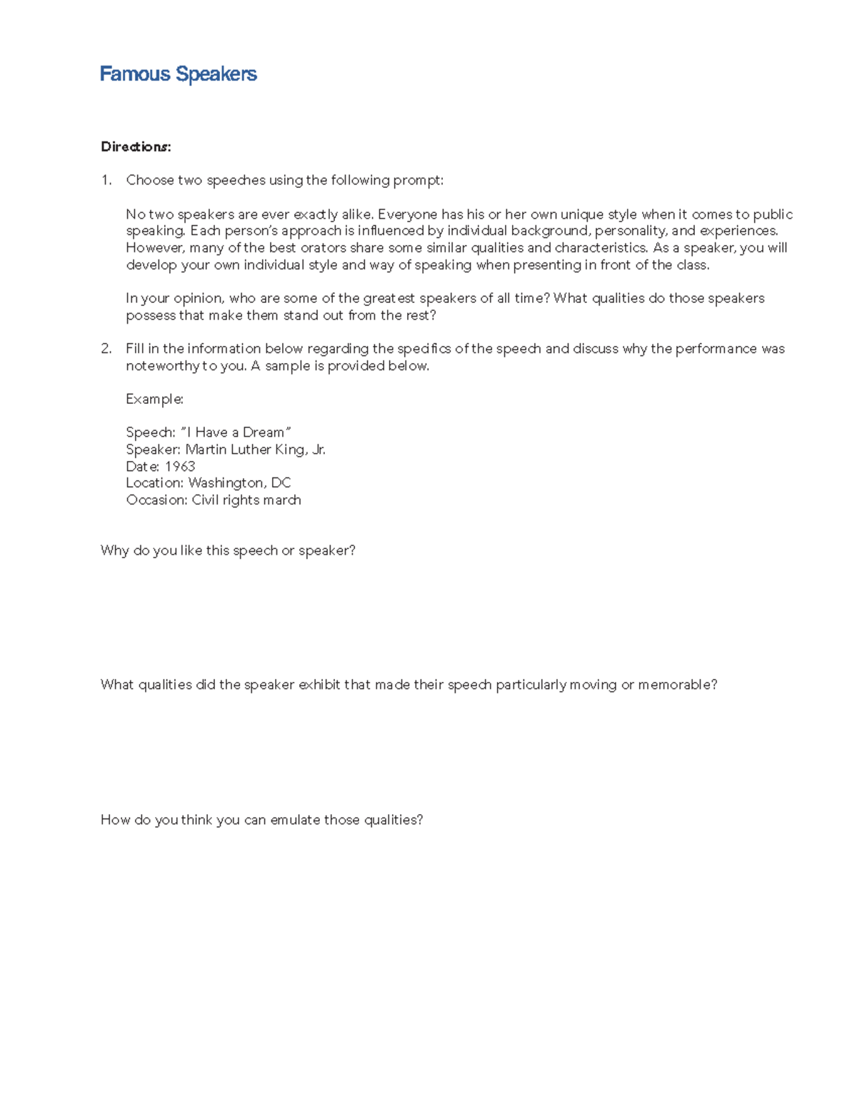 Famous Speakers - Famous Speakers Directions: Choose two speeches using ...