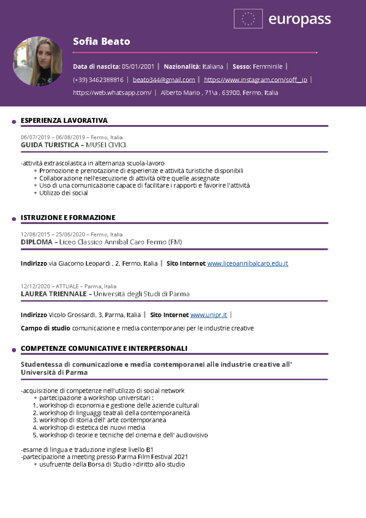 CV - Sofia Beato - esempio curriculum - Sofia Beato Data di nascita: 05/01/2001 Nazionalità ...