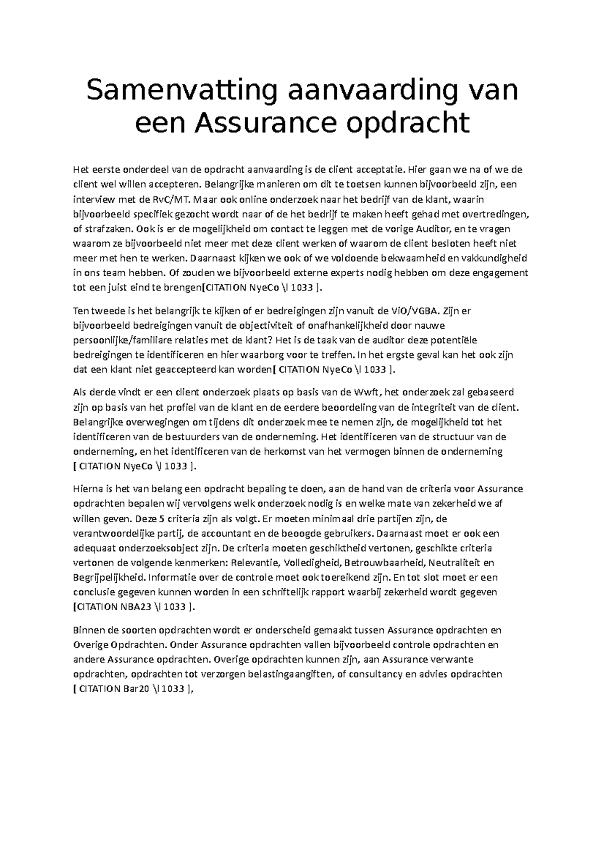 Opdracht aanvaarding van het controleproces - Samenvatting aanvaarding ...