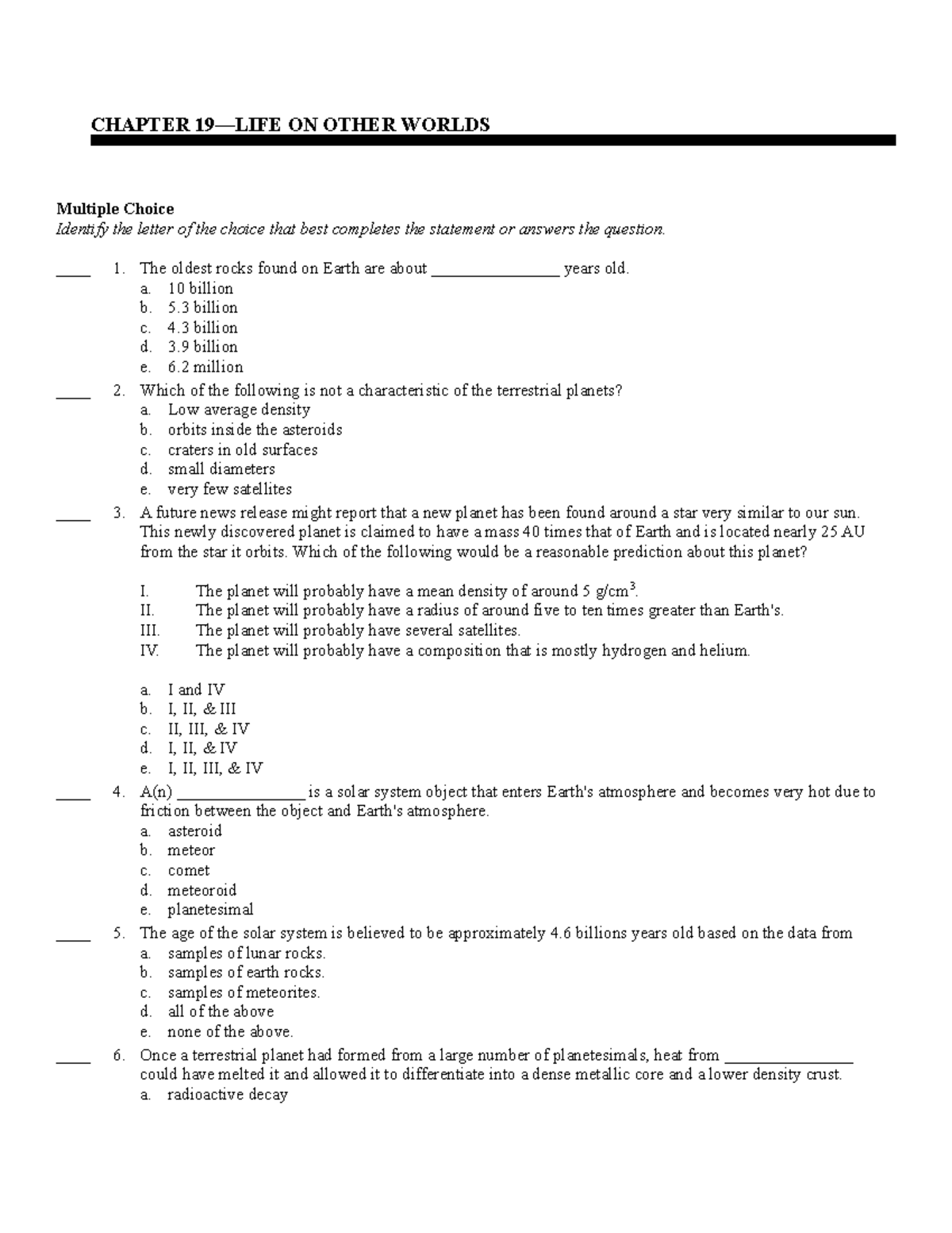CHP 19 - practice - CHAPTER 19—LIFE ON OTHER WORLDS Multiple Choice ...