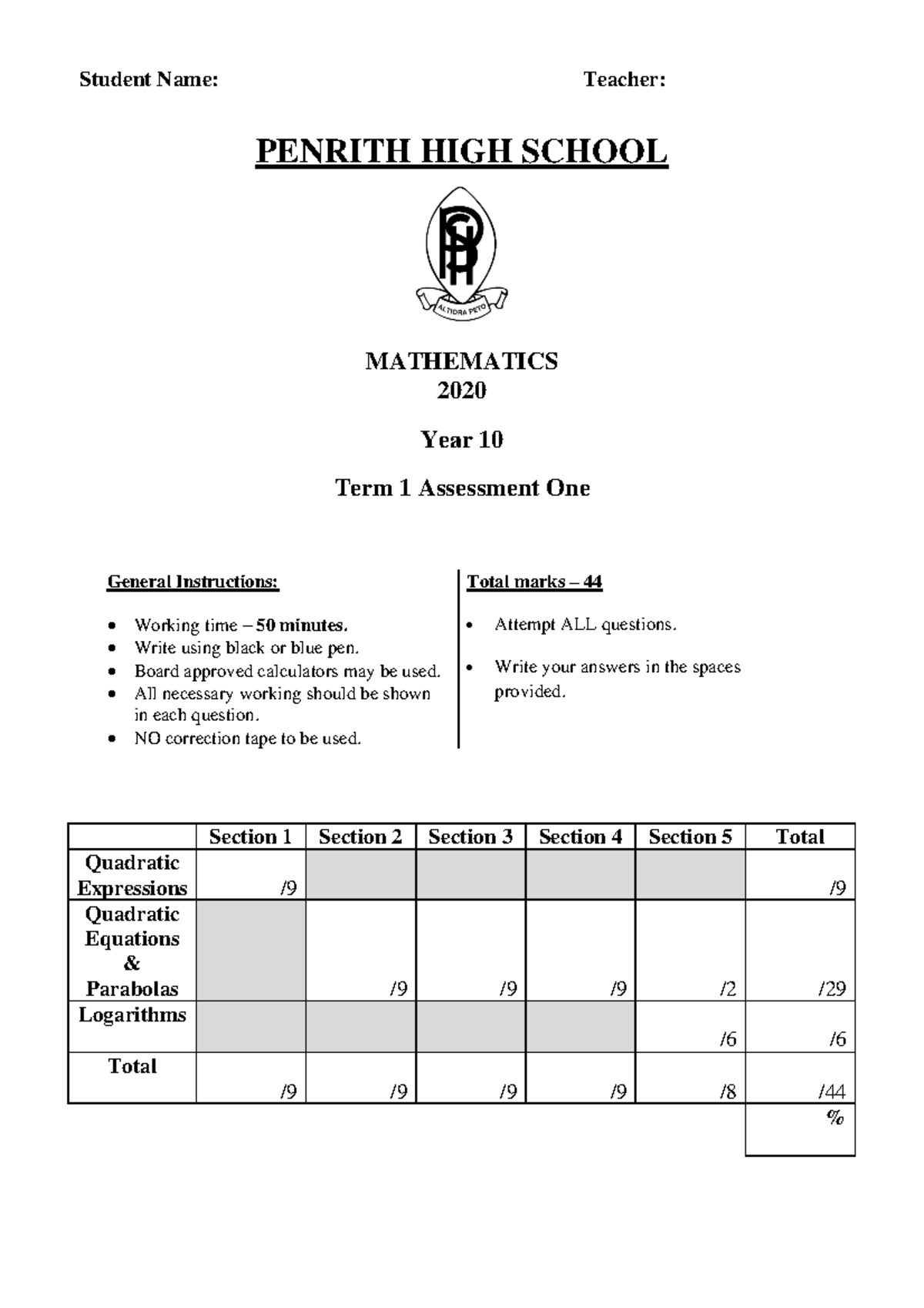 Yr10 Term 1 Exam (2020) - Maths Year 10 Exams - Student Name: Teacher ...