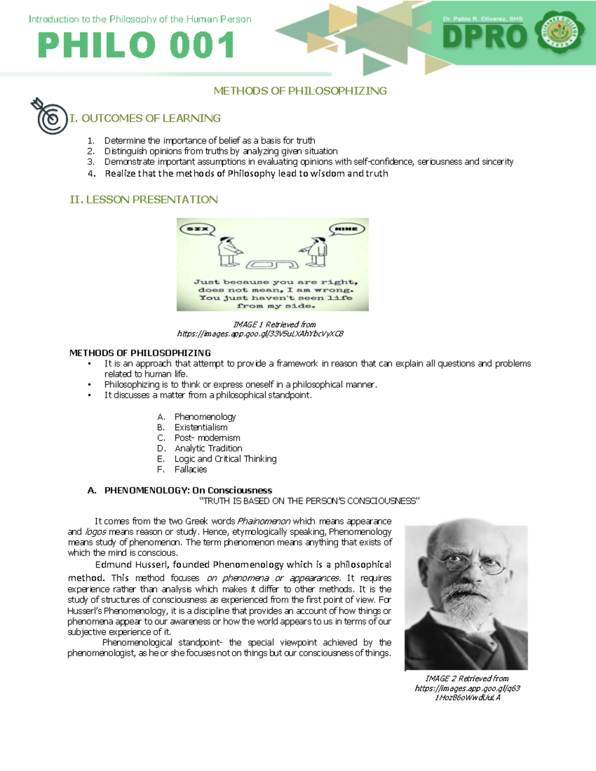 Philo 001 Module 2 - PHILO 001 METHODS OF PHILOSOPHIZING I. OUTCOMES OF LEARNING Determine the ...