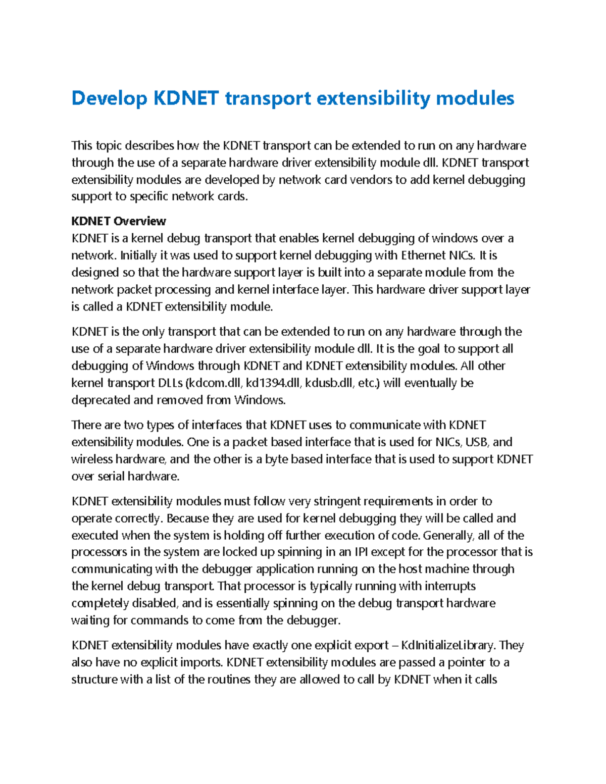 Document 34 (28) - Bob - Develop KDNET transport extensibility modules This topic describes how ...