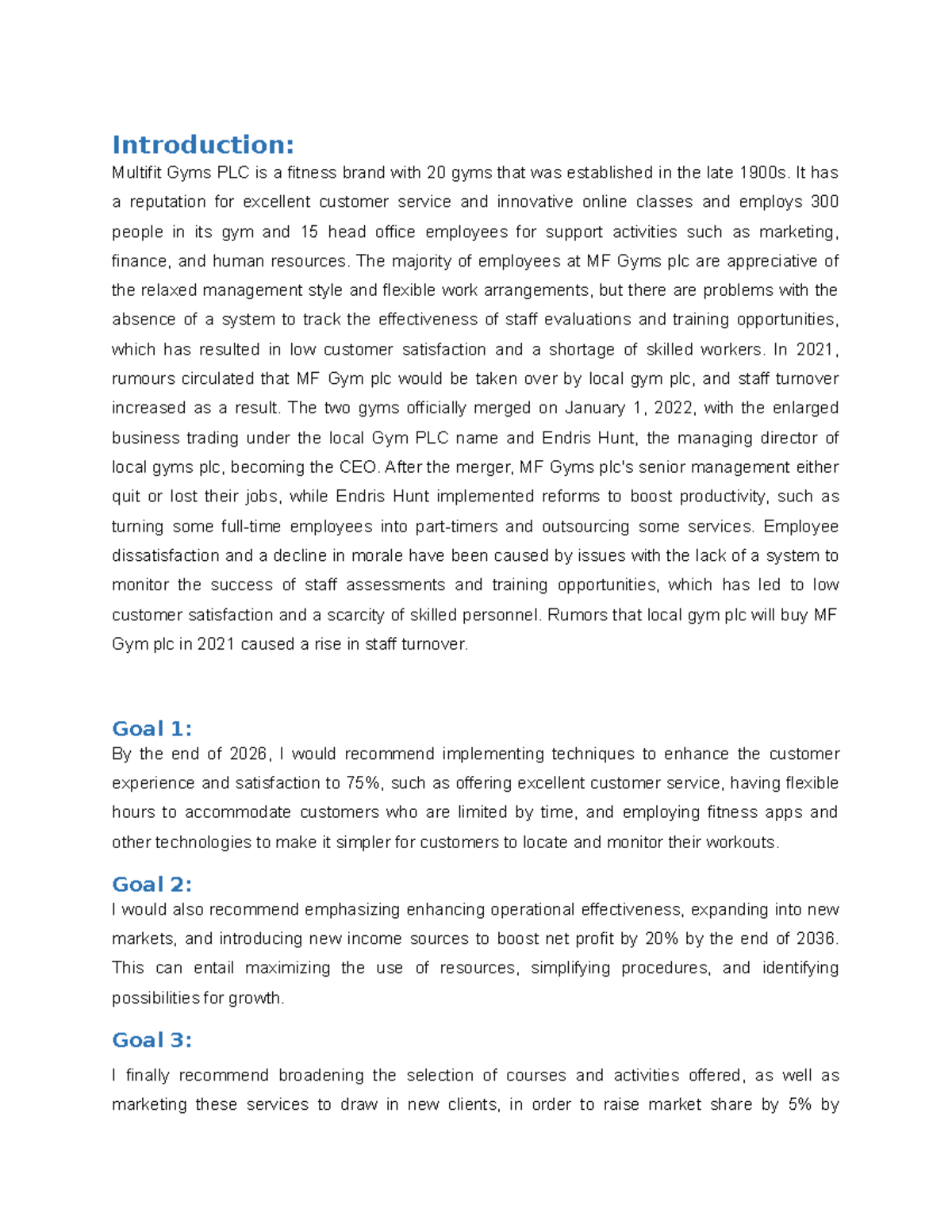 Unit 6 mf gym - yes - Introduction: Multifit Gyms PLC is a fitness ...