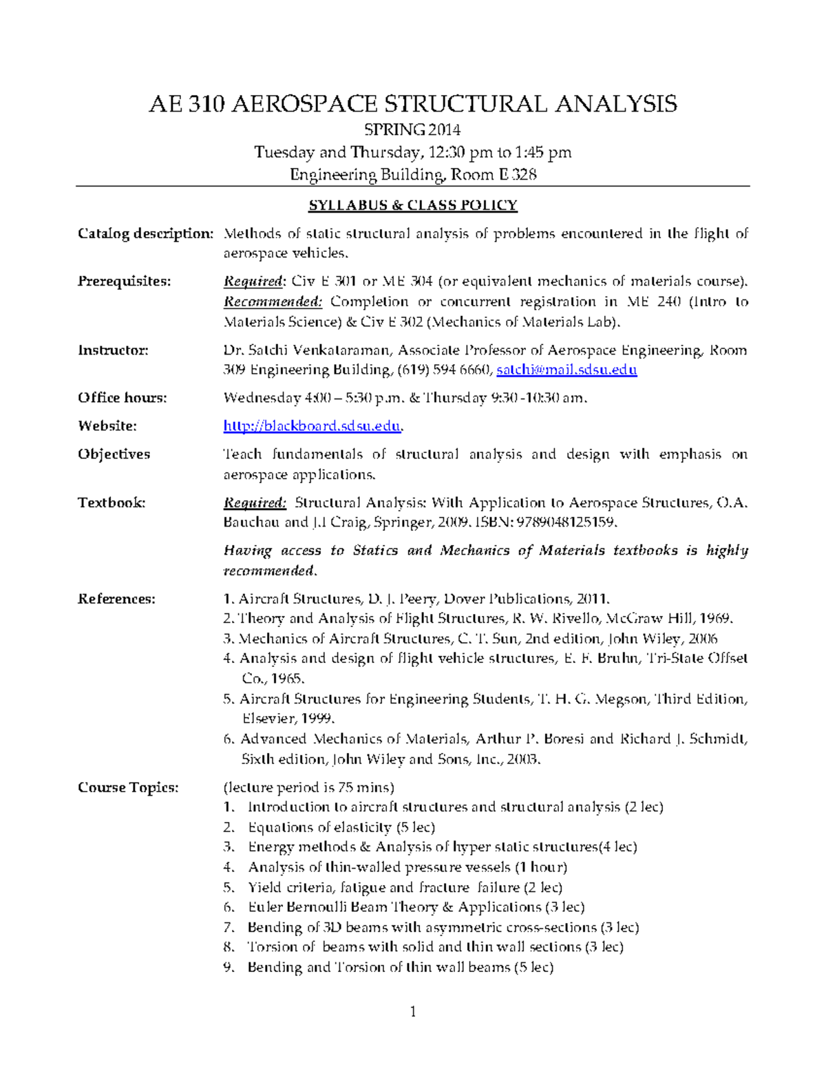 Document-3 - Syll - AE 310 AEROSPACE STRUCTURAL ANALYSIS SPRING 2014 ...