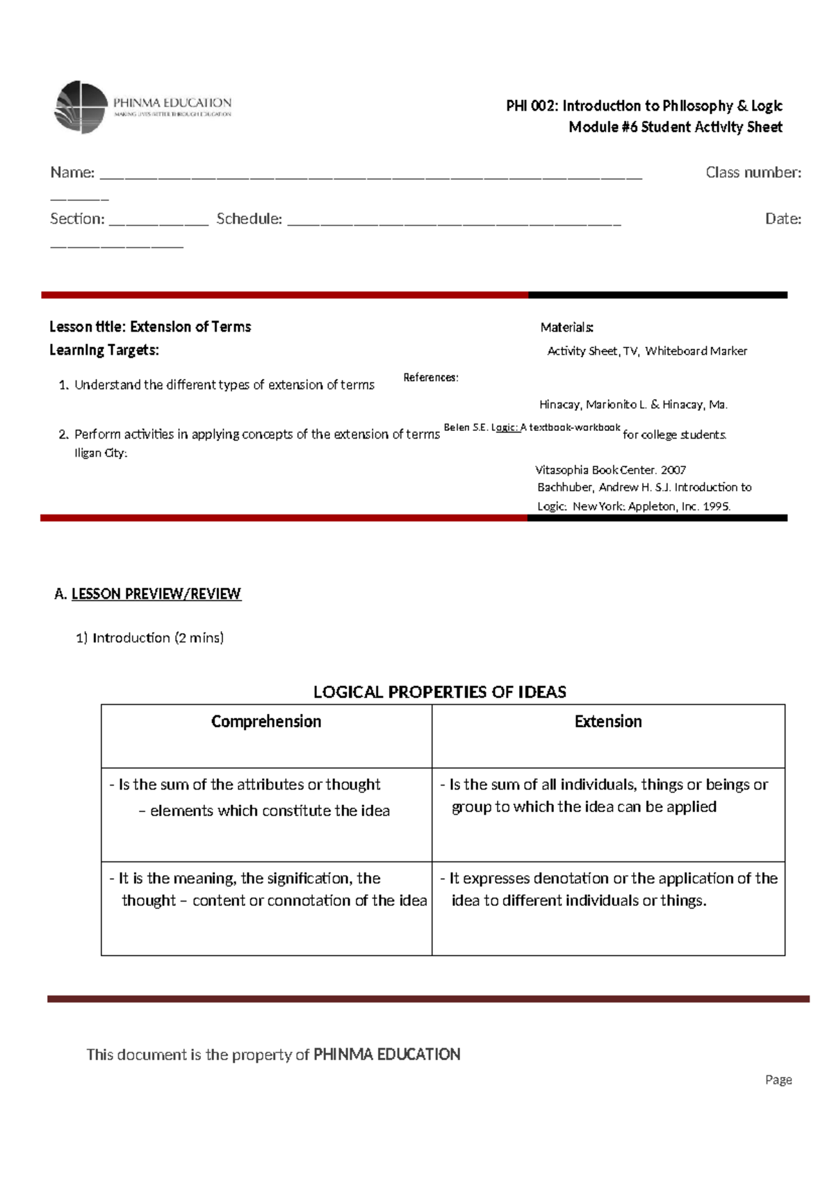 Copy of DAY 8 Lesson 6 Logic - Module #6 Student Activity Sheet Name ...