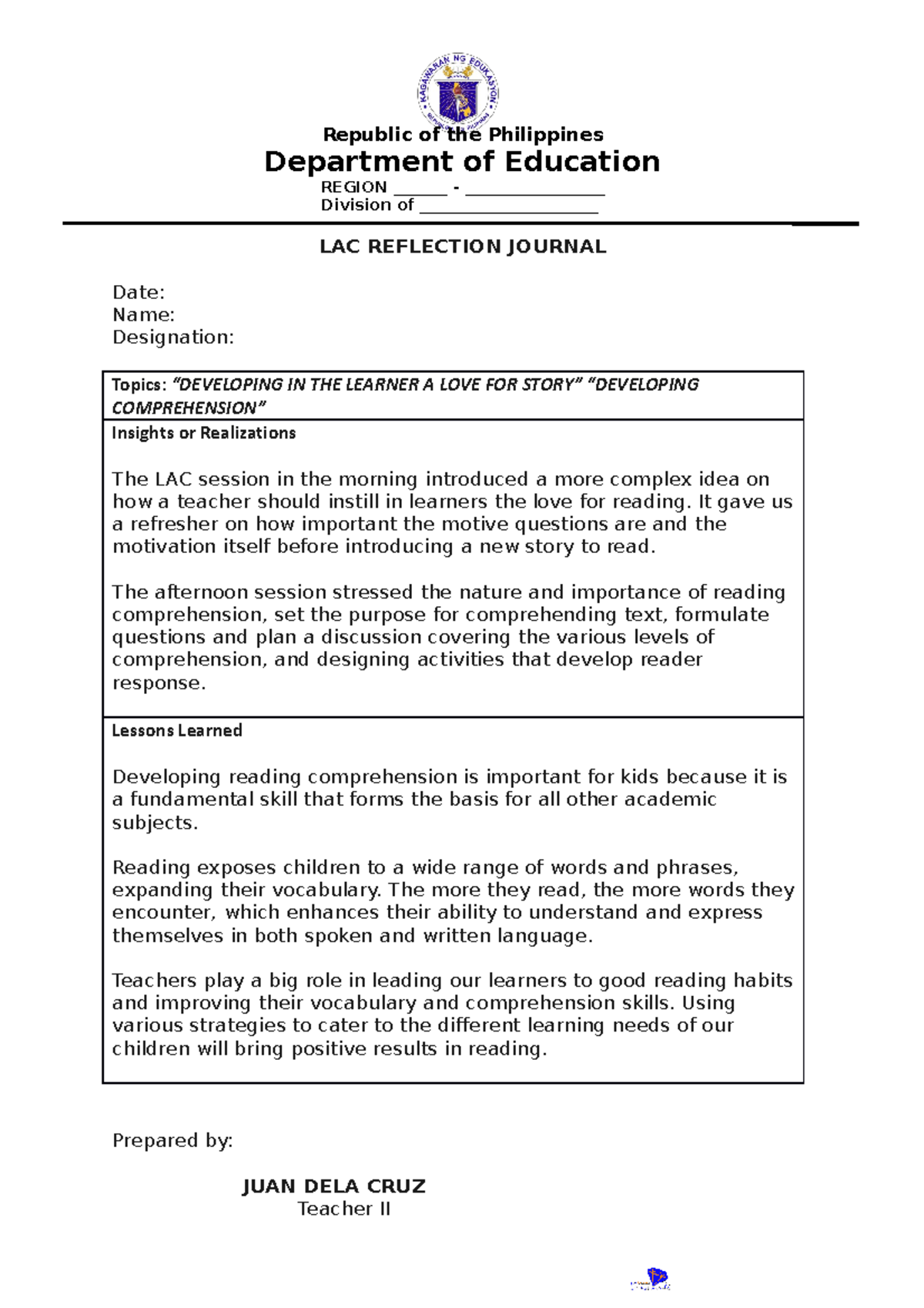 LAC Reflection Journal - Republic of the Philippines Department of ...