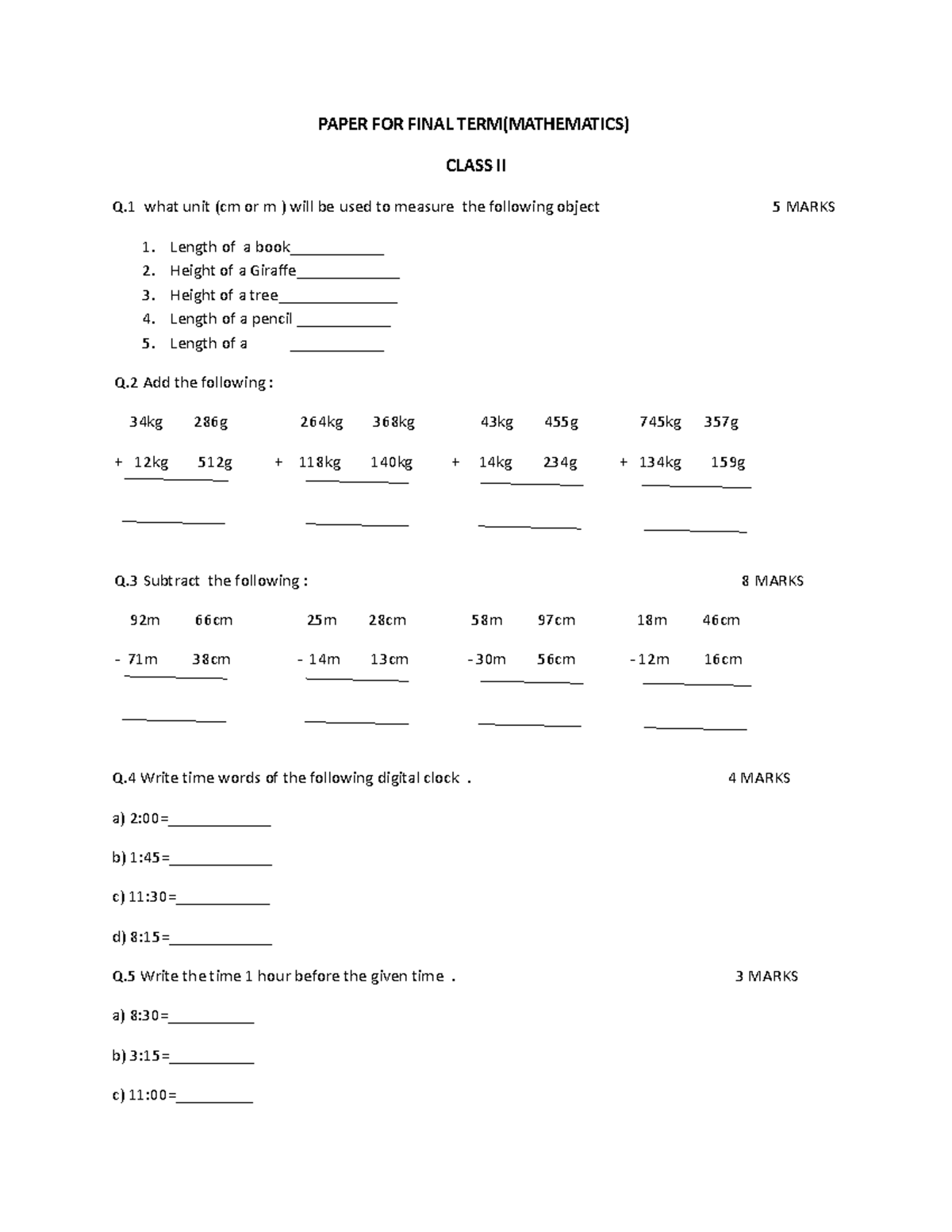 Paper for final class 2 - PAPER FOR FINAL TERM(MATHEMATICS) CLASS II Q ...