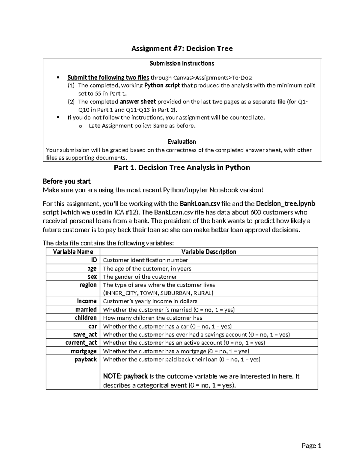Assignment #7 - Decision Tree - Assignment #7: Decision Tree Submission Instructions Submit the ...