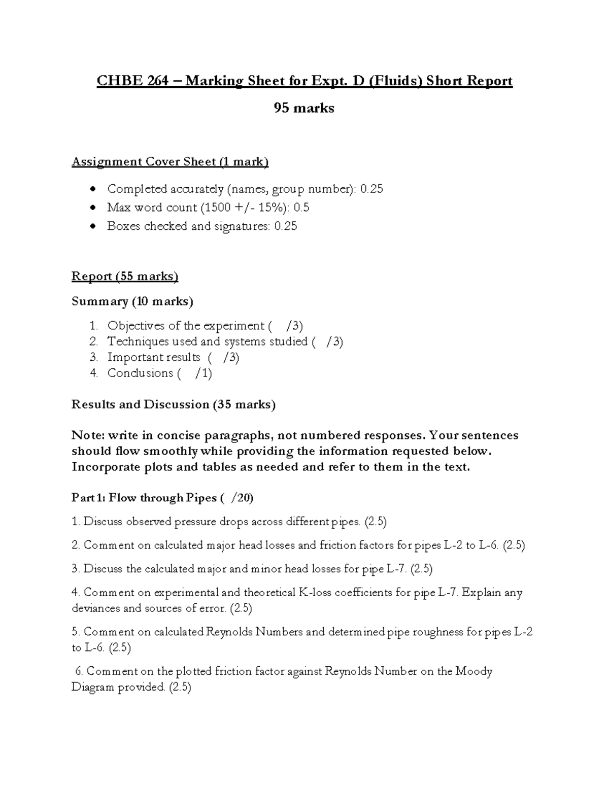 CHBE 264 - Fluids Short Report Instructions and Marking Sheet 2023 - CHBE 264 – Marking Sheet ...