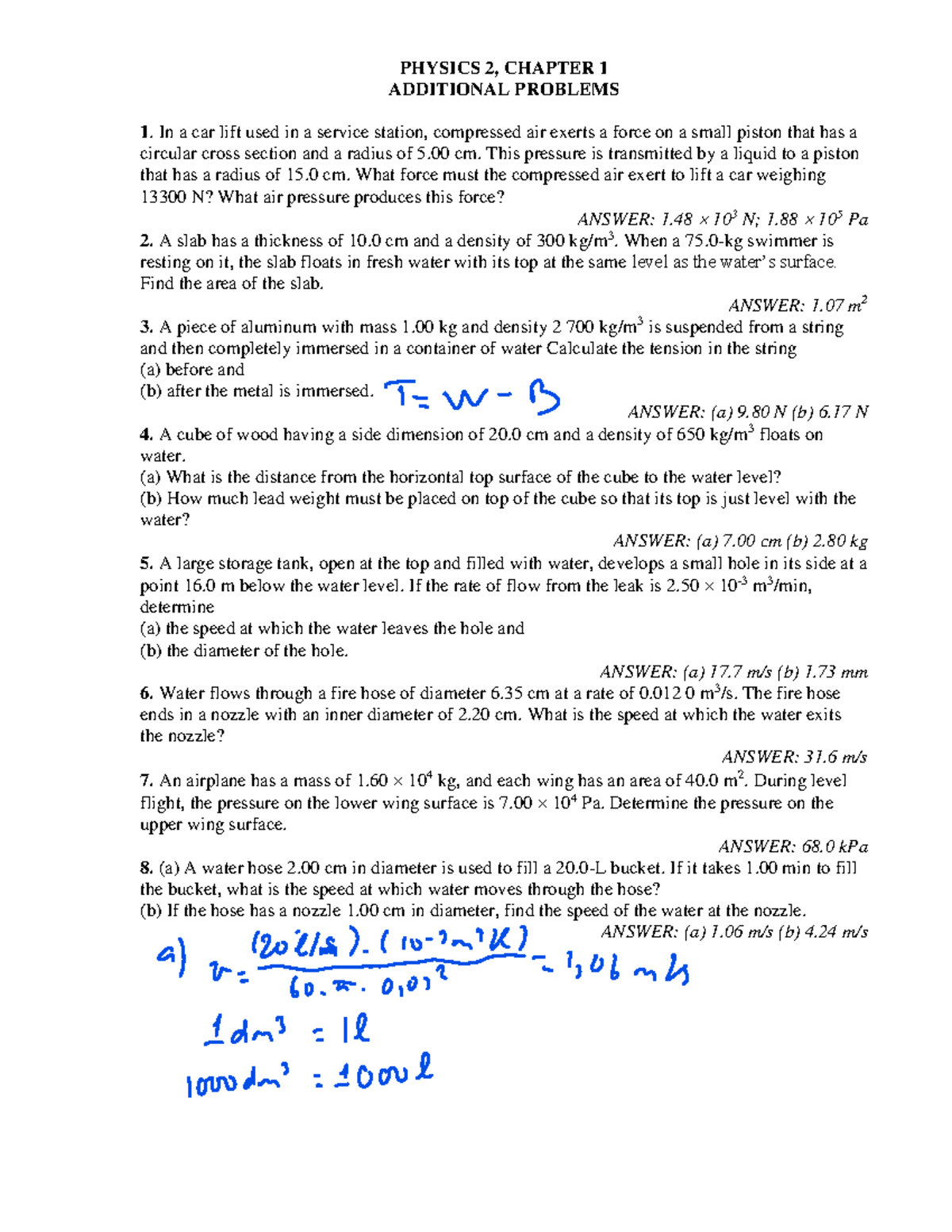 Extra Prob Phys 2Ch1-Meca Fluid - PHYSICS 2, CHAPTER 1 ADDITIONAL ...