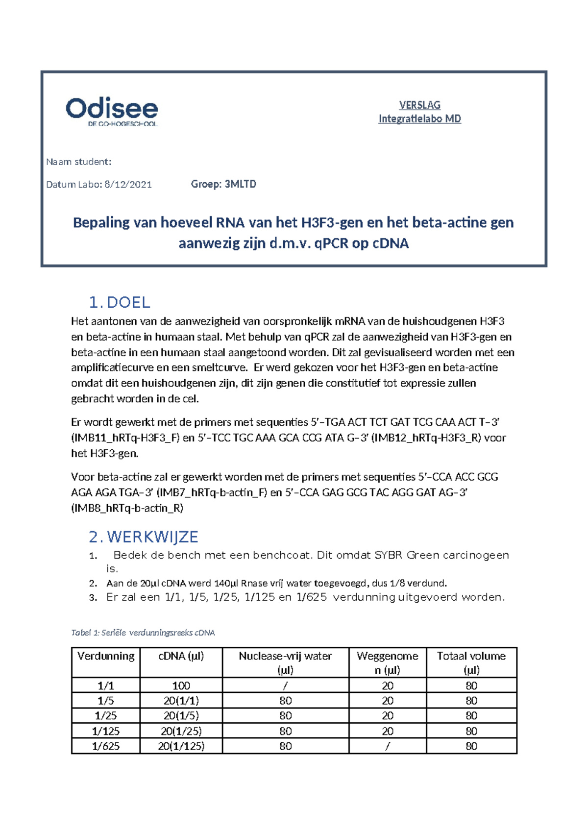 3MLTC Verslag q PCR - VERSLAG Integratielabo MD Naam student: Datum ...