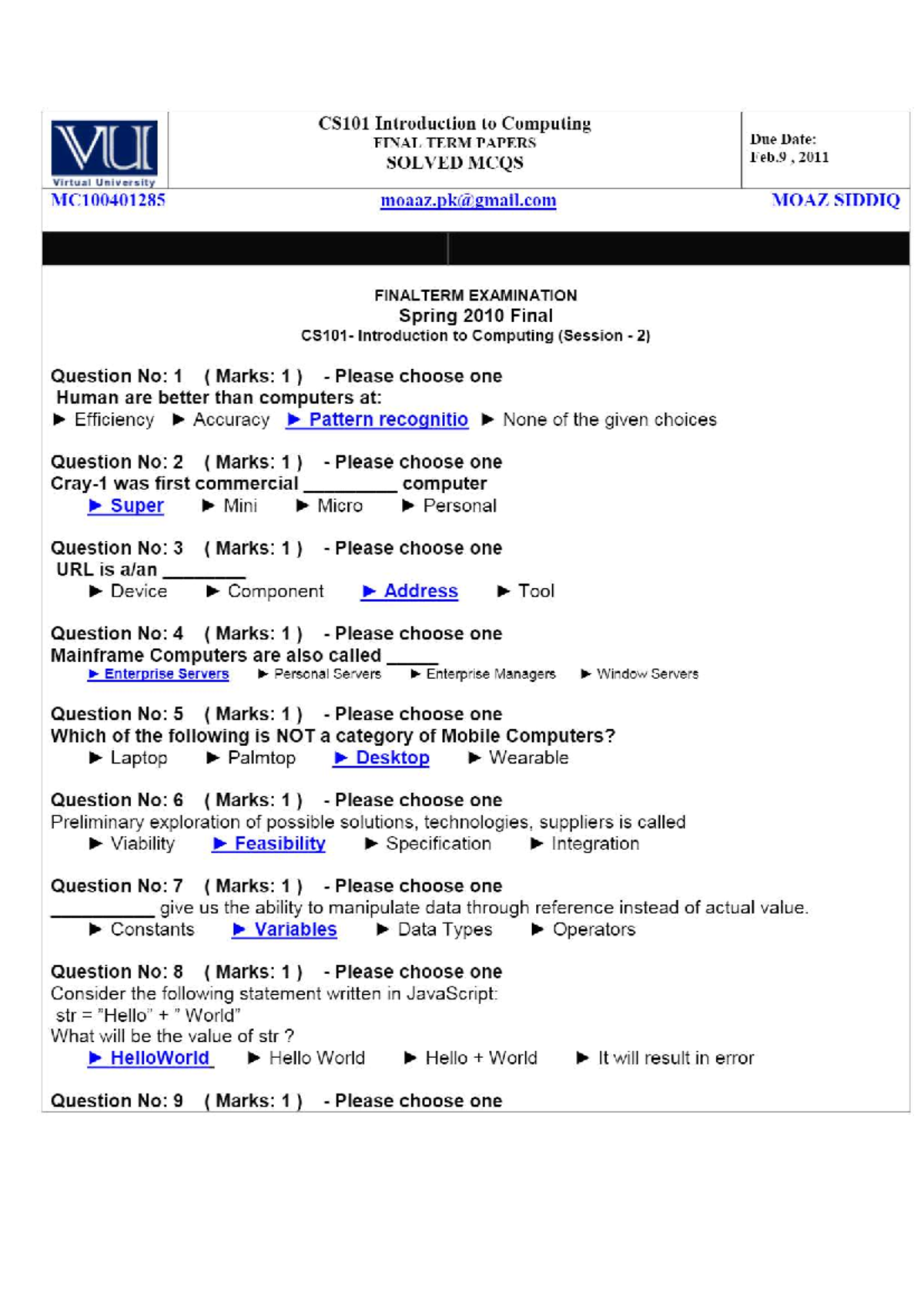 CS101 final term - CS101 Introduction to Computing VUI FINAL TERM PAPERS Due Date: SOLVED MCQS ...