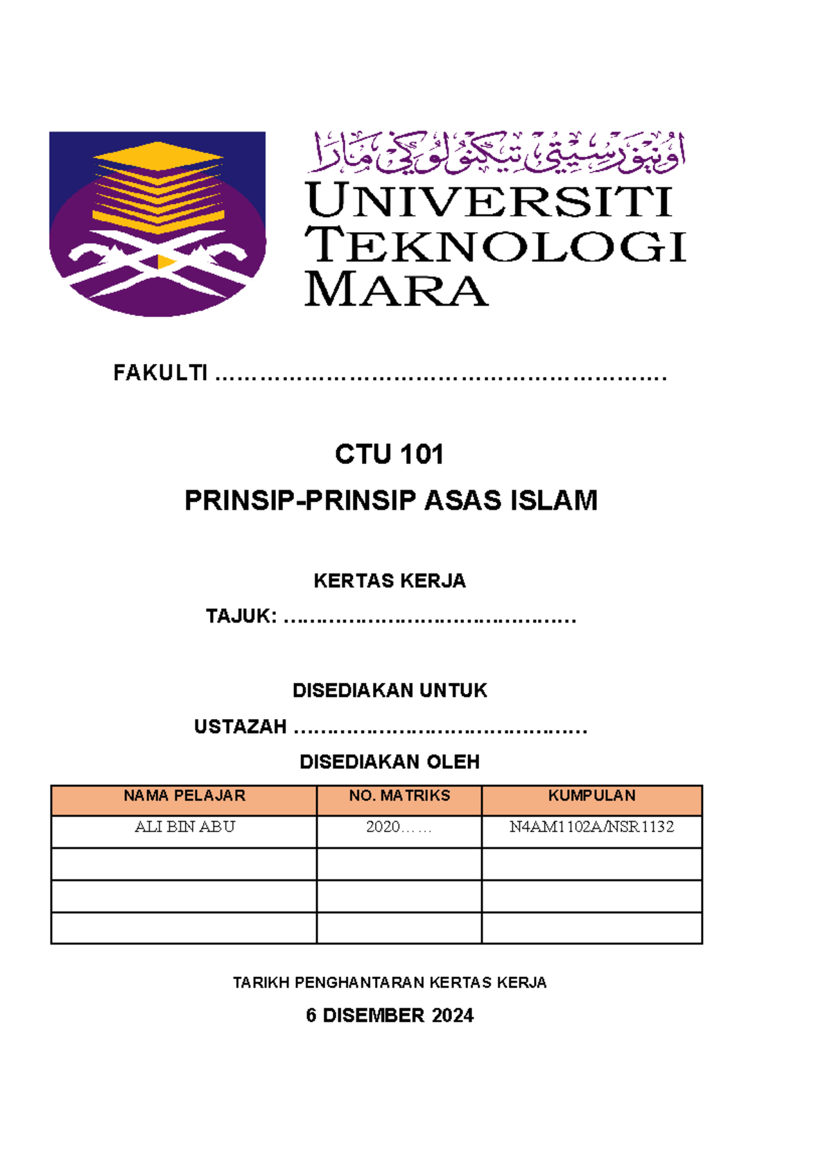 Format Assignment Student CTU 101 - FAKULTI - Studocu