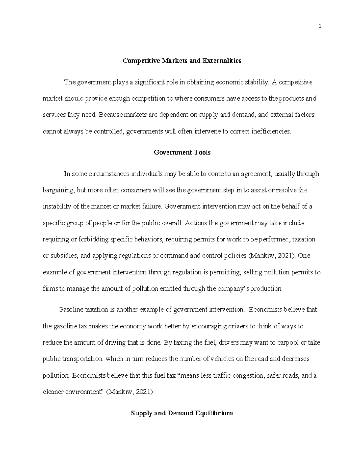 ECO 201 Week 4 - Competitive Markets and Externalities - 1 Competitive ...