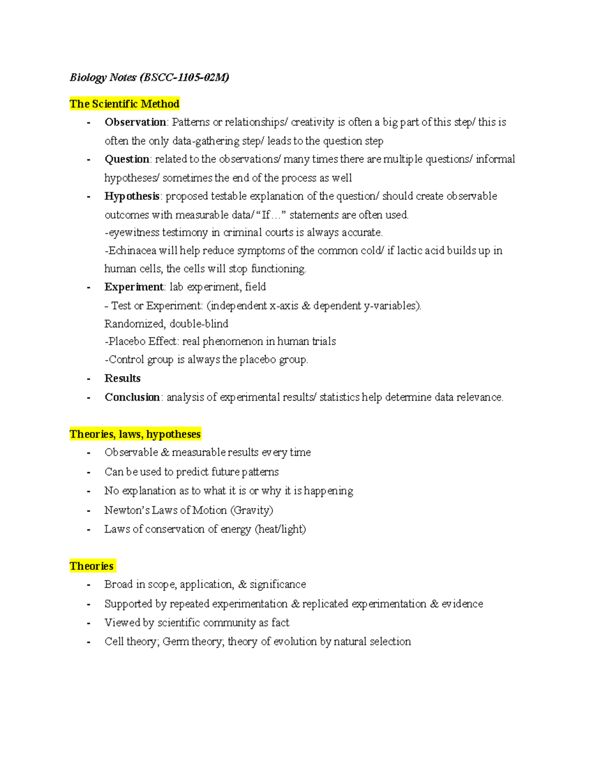 BCSS Notes - Biology Notes The Scientific Method Observation: Patterns ...