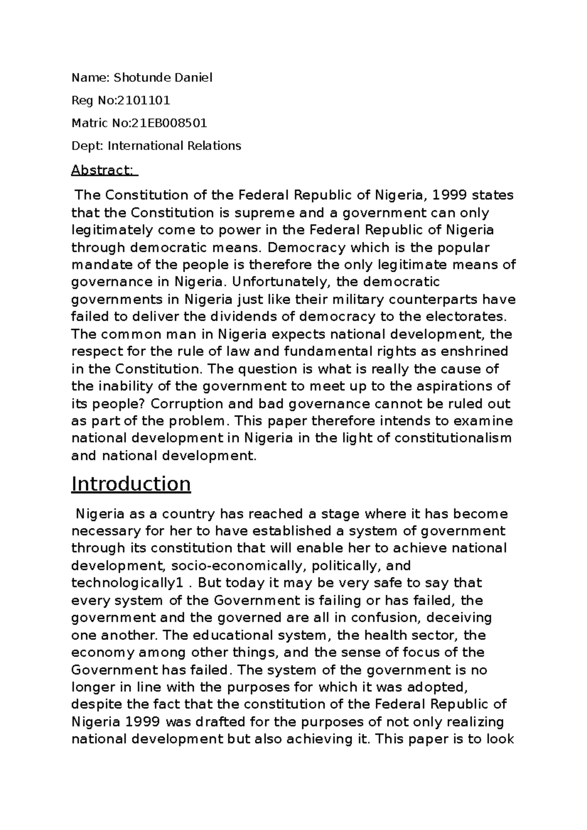 Constitution of nigeria - Name: Shotunde Daniel Reg No: Matric No:21EB ...