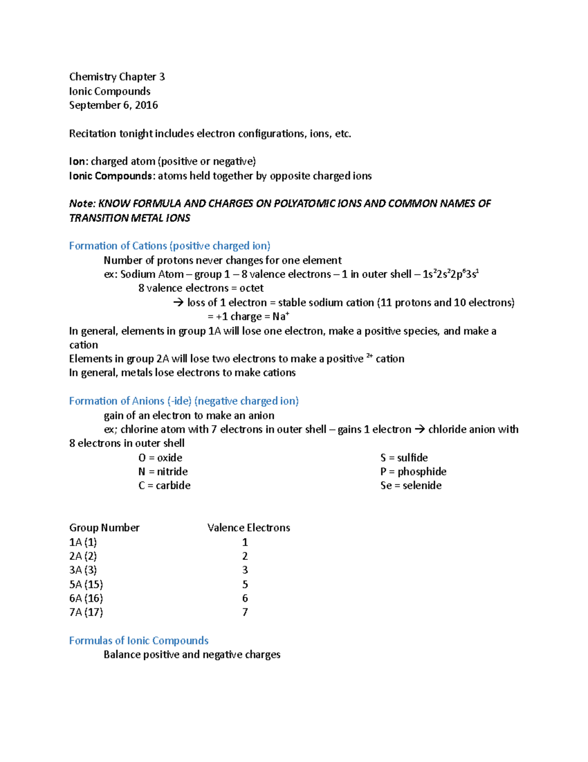 Chemistry 104 Chapter 3 - Chemistry Chapter 3 Ionic Compounds September ...
